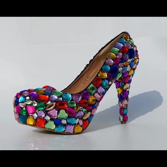 Shoes | Nwt Round Closed Toe High Heels Crystal Platform Colorful ...